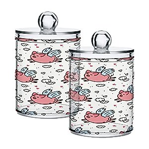 xigua 2 Pack Qtip Holder Dispenser Pink Fly Pig 10 Oz Bathroom Organizer with Lids Storage Canister for Cotton Ball,Cotton Swab,Cotton Round Pads,Floss#158