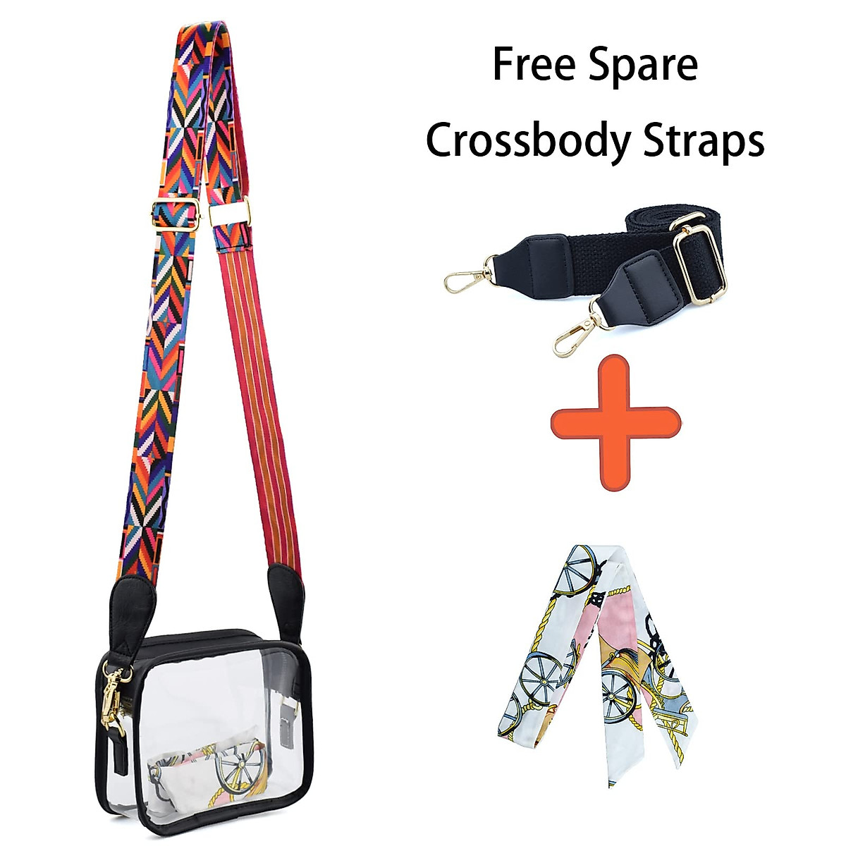 KlaOYer 2 Adjustable Strap PVC Clear Crossbody Bags with Silk, Stadium Approved Transparent Shoulder Bag Handbag Small Square Phone Bag Zipper Purse (Black 1)