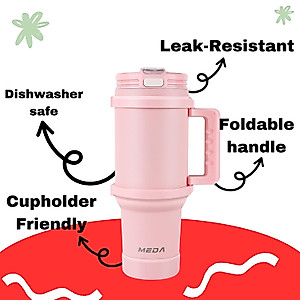 MEDA 40 oz Tumbler with Foldable Handle – Insulated, Reusable Stainless Steel Travel Coffee Mug – Perfect for Travel, Water, Iced Tea, Coffee – Ideal Easter Gift (Peach)