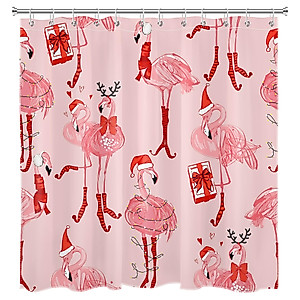 WEENEO Pink Christmas Shower Curtain Funny Flamingo with Red Xmas Hat and Gift Shower Curtain for Bathroom Winter Holiday Fabric Bath Curtain with 12pcs Hooks,72x72 Inch