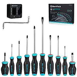 DURATECH 12-Piece Magnetic Screwdriver Set, 5 Phillips and 5 Slotted Tip S2 Alloy Steel Screwdriver Set, 1 pc Magnetizer Demagnetizer, 1 pc CR-V Offset Screwdriver, Storage Tray Included