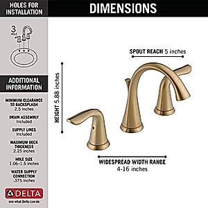 Delta Faucet Lahara Widespread Bathroom Faucet 3 Hole, Gold Bathroom Faucet, Diamond Seal Technology, Metal Drain Assembly, Champagne Bronze 3538-CZMPU-DST