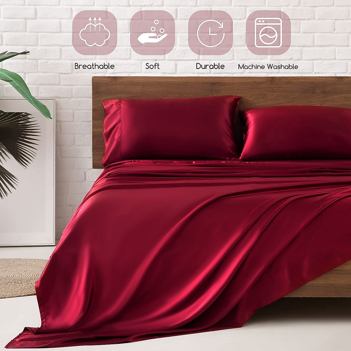 MR&HM Satin Bed Sheets, King Size Sheets Set, 4 Pcs Silky Bedding Set with 15 Inches Deep Pocket for Mattress (King, Burgundy)