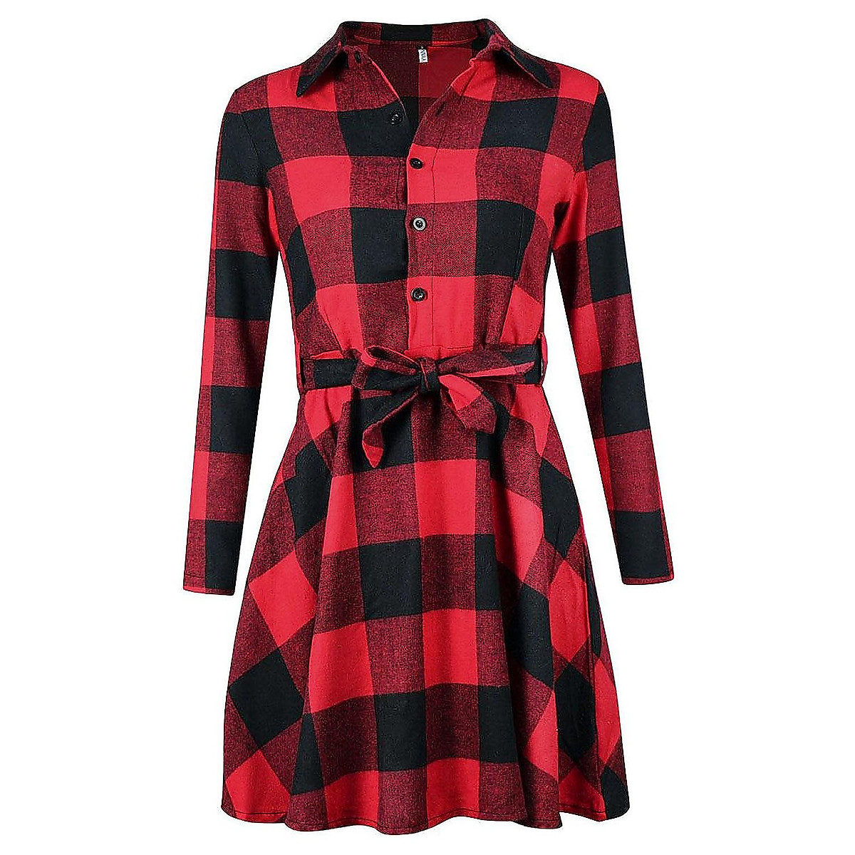 FANCYINN Womens Christmas Plaid Dresses Flannel Button Down Long Sleeve Shirt Dress Winter Casual Dresses Mini Dress with Belt Red M