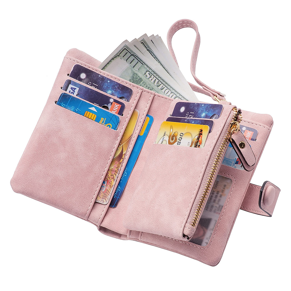 COKOK RFID Blocking Small Women Wallet Soft PU Leather Ladies Wallets Bifold Purse Zipper Pocket Card Case Purse Mini Wristlet Clutch with Wrist