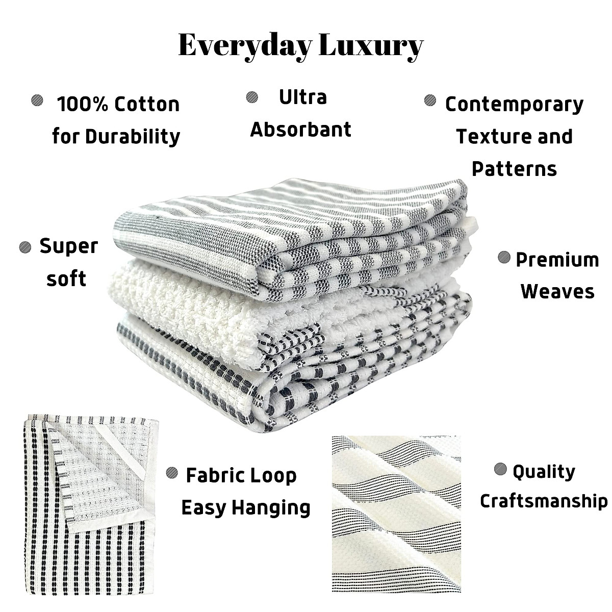 Oversized White Dark Gray Kitchen Towels: 100% Cotton Soft Absorbent Assortment Ribbed Terry Loop, Set of 3 Multipurpose for Everyday Use (Charcoal)