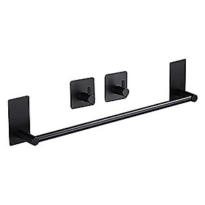 Pomojonbi Towel Holder with 2 Packs Adhesive Hooks 16-Inch Hand Towel Rack Towel Hook Stick on Wall, Bathroom Hardware Black
