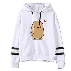 Cuekondy Funny Potato Pullover,Women Teen Girls Hooded Sweatshirt Casual Color Block Striped Long Sleeve Hoodies Blouse White