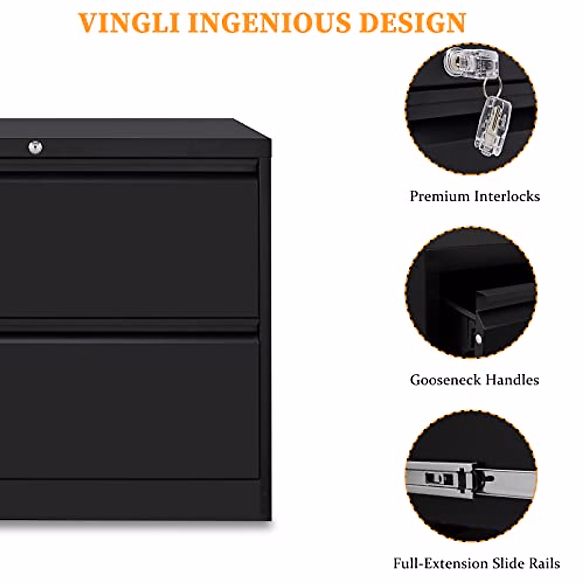 Bonnlo Classic Black 2 Drawer File Cabinets for Home Office, Metal Lockable File Cabinet for Letter/Legal Size File Folders, Wide Lateral File Cabinet and Printer Stand, Simple Assembly Required