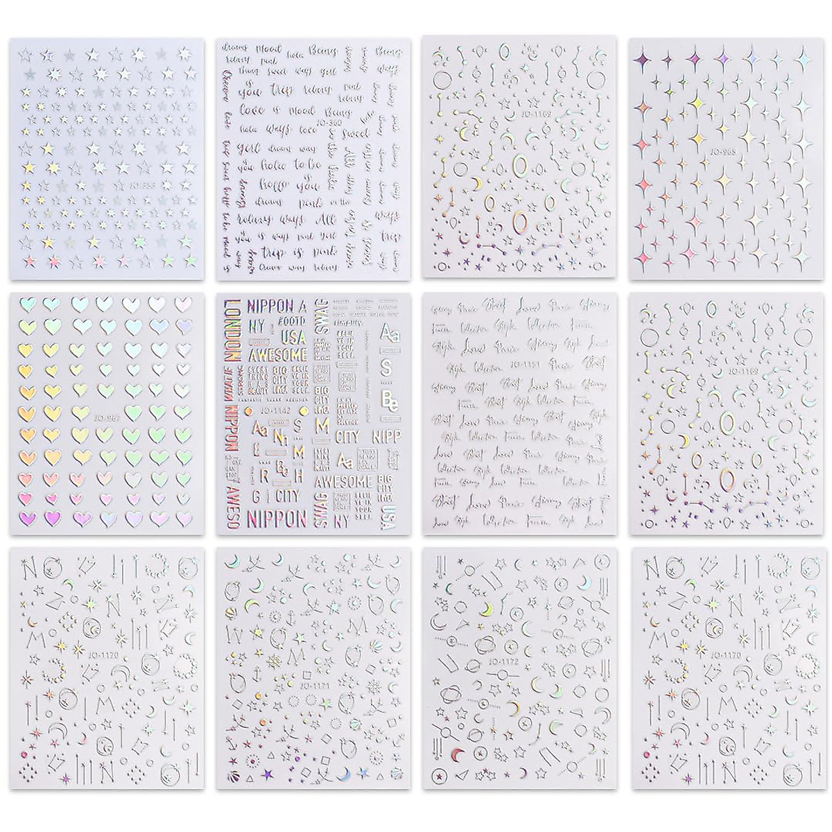 JMEOWIO 12 Sheets Aurora Nail Art Stickers Decals Self-Adhesive Pegatinas Uñas Glitter Holographic Star Heart Nail Supplies Nail Art Design Decoration Accessories