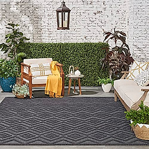 Nourison Versatile Indoor/Outdoor Charcoal/Black 7' x 10' Area-Rug, Easy-Cleaning, Non Shedding, Bed Room, Living Room, Dining Room, Kitchen (7x10)