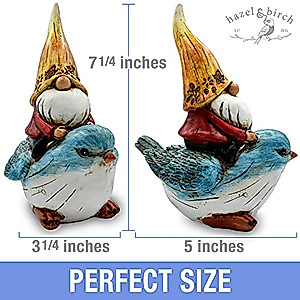 Garden Gnomes Outdoor Decorations - 7.25 inches Tall - Gnome Statues for Yard, Lawn, Patio, Porch Decor - Hand Painted, Weatherproof Gnome Figurine (Blue Bird Rider Gnome) HAZEL & BIRCH