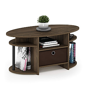 Furinno Jaya Simple Design Oval Coffee Table with Bin for Living Room, Columbia Walnut/Black/Dark Brown