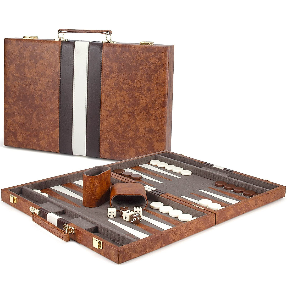 AMEROUS Backgammon Set, 15 Inches Classic Board Game with Leather Case, Folding Board, Gift Package, Portable Travel Strategy Backgammon Game Set for Adults, Kids (Medium, Brown)