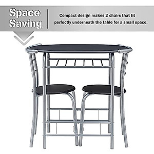 VECELO 3 Piece Wood Round Table & Chair Set for Dining Room Kitchen Bar Breakfast, with Wine Storage Rack, Space Saving, 31.5", Black and Silver