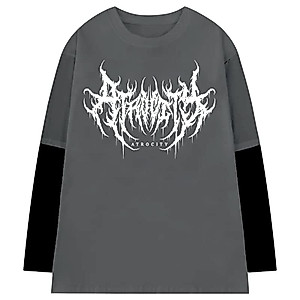 Goth Shirt Gothic Shirt Fake Two-Piece Alternative Clothing Goth Long Sleeve Top Grunge Clothes (Black02,XXL,XX-Large)