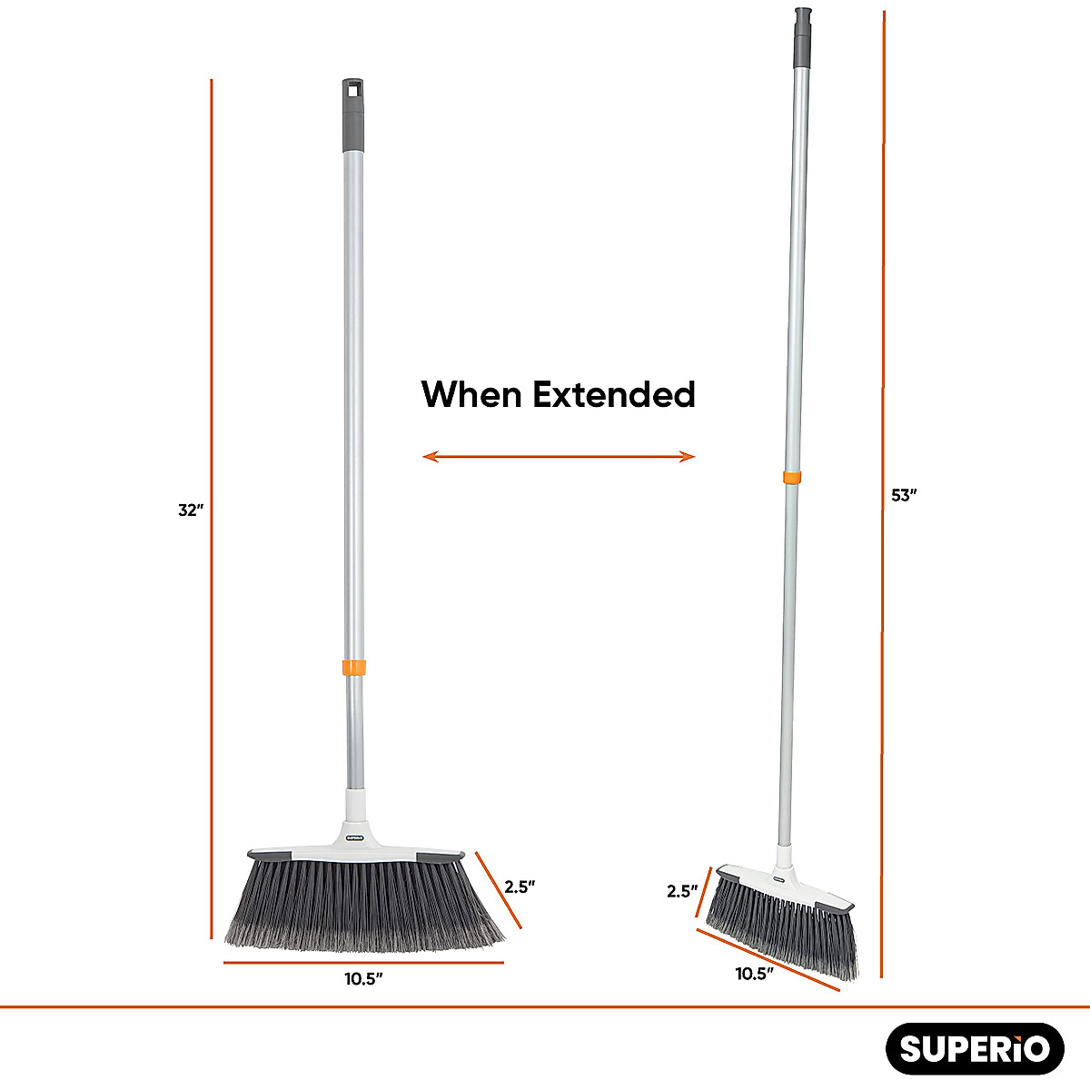 Slim Angle Broom, Heavy Duty Broom, Indoor Brom, Outdoor Angle Broom with Extendable Handle, Durable Collapsible Broom for Home, Kitchen, RV, Travel, Grey, 2 Pack, by Superio