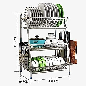 Plate Rack Dish Drainer Rack Kitchen Supplies Storage Draining with Chopsticks/Knives/Cutting Board Holder Drainboard Pan Plate Holder (Color : Silver, Size : 3-Tier)