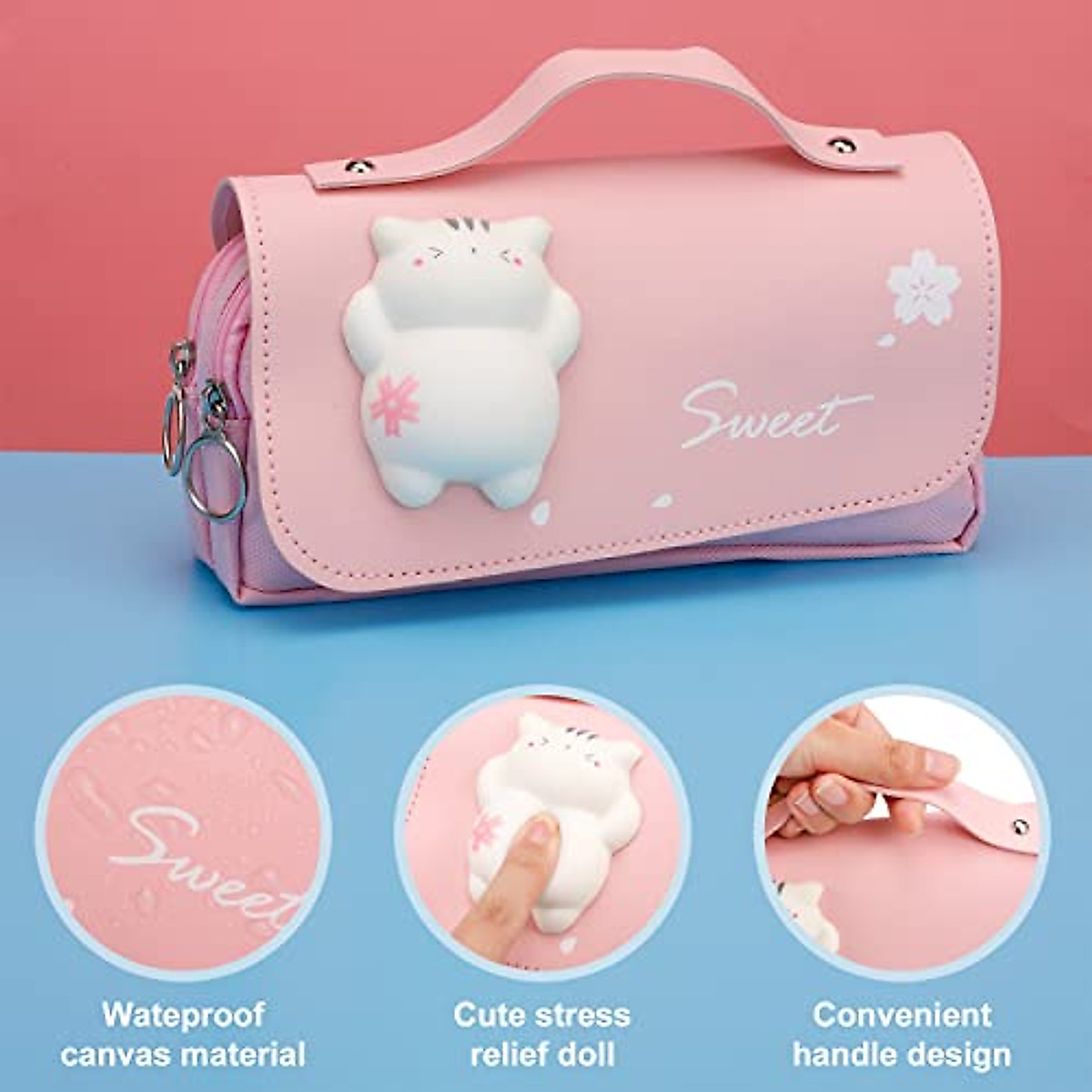 Teblacker 2 Pcs Cute Pencil Case with Handle, Kawaii Pencil Bag Large Pencil Pouch Pens Organizer Storage Bag with Stress Relief Doll for Girls Kids Teen School Supply