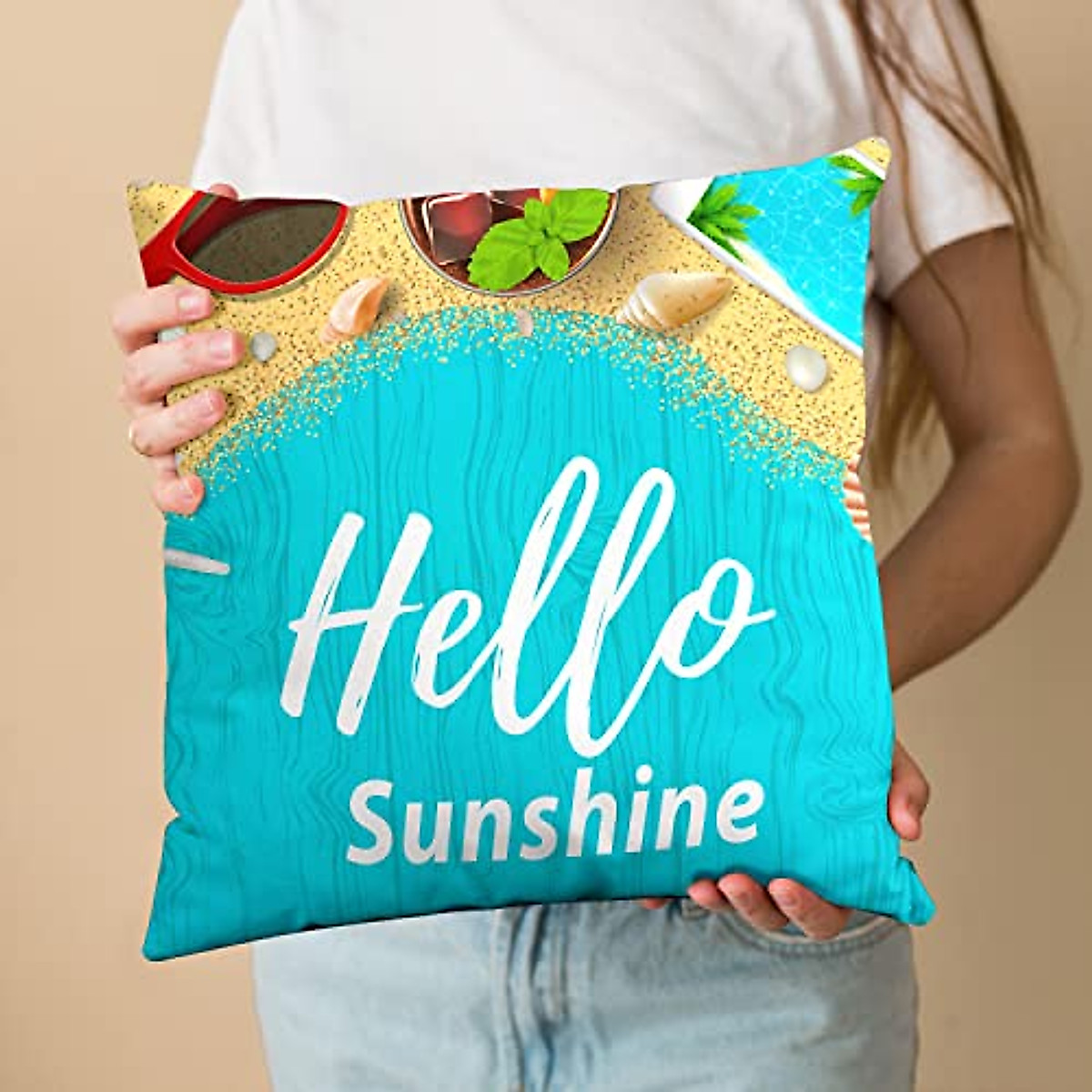 Outdoor Summer Pillow Covers 18x18 inch Set of 2 Teal Hello Sunshine Decorative Throw Pillow Covers Pillowcase Summer Decorations for Patio Garden Porch (18"x18", Hello Summer)