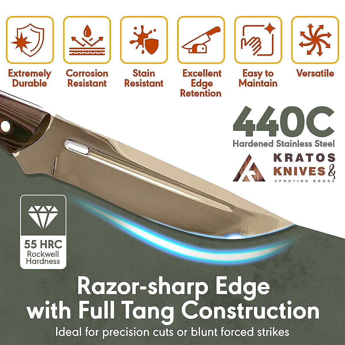 Bushcraft Knife with Sheath, 9.4" Fixed Blade Knife with 440C Hardened Stainless Steel Full Tang Survival Knife for Outdoor & Camping By Kratos - ZSF1