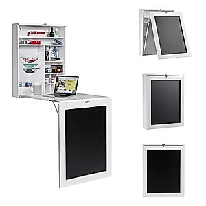 Tangkula Wall Mounted Desk, Floating Desk with Chalkboard, Space Saving Fold Up Desk Wall Mount Convertible Desk, Multi-Function Wall Mounted Table with Storage Shelves & Hooks（No Assembly Required）