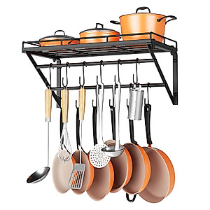 OROPY 23 Inch Wall Mounted Pot Rack Storage Shelf with 2 Tier Hanging Rails 12 S Hooks included, Ideal for Pans, Utensils, Cookware, Plant Black