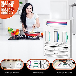 White Ziplock Bag Storage Organizer for kitchen Drawer | Plastic Wrap Organizer Dispenser with Cutter| Bamboo Ziploc Baggie Holder | Compatible with Ziploc Baggie Organizer | Bamboo Plastic Bag Dispenser for Gallon, Quart, Snack Sandwich bags & Plastic Fo