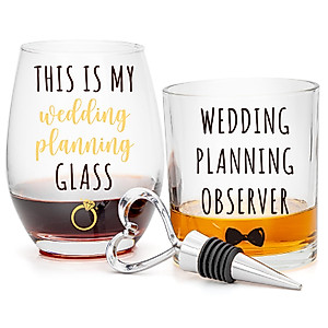 Engagement Gift for Couples 2024, This is My Wedding Planning Wine & Whiskey Glass Set, Newly Engaged Gifts for Couples, Wedding Gifts for Newlyweds Fiance Fiancee,Bridal Shower Gifts for Her