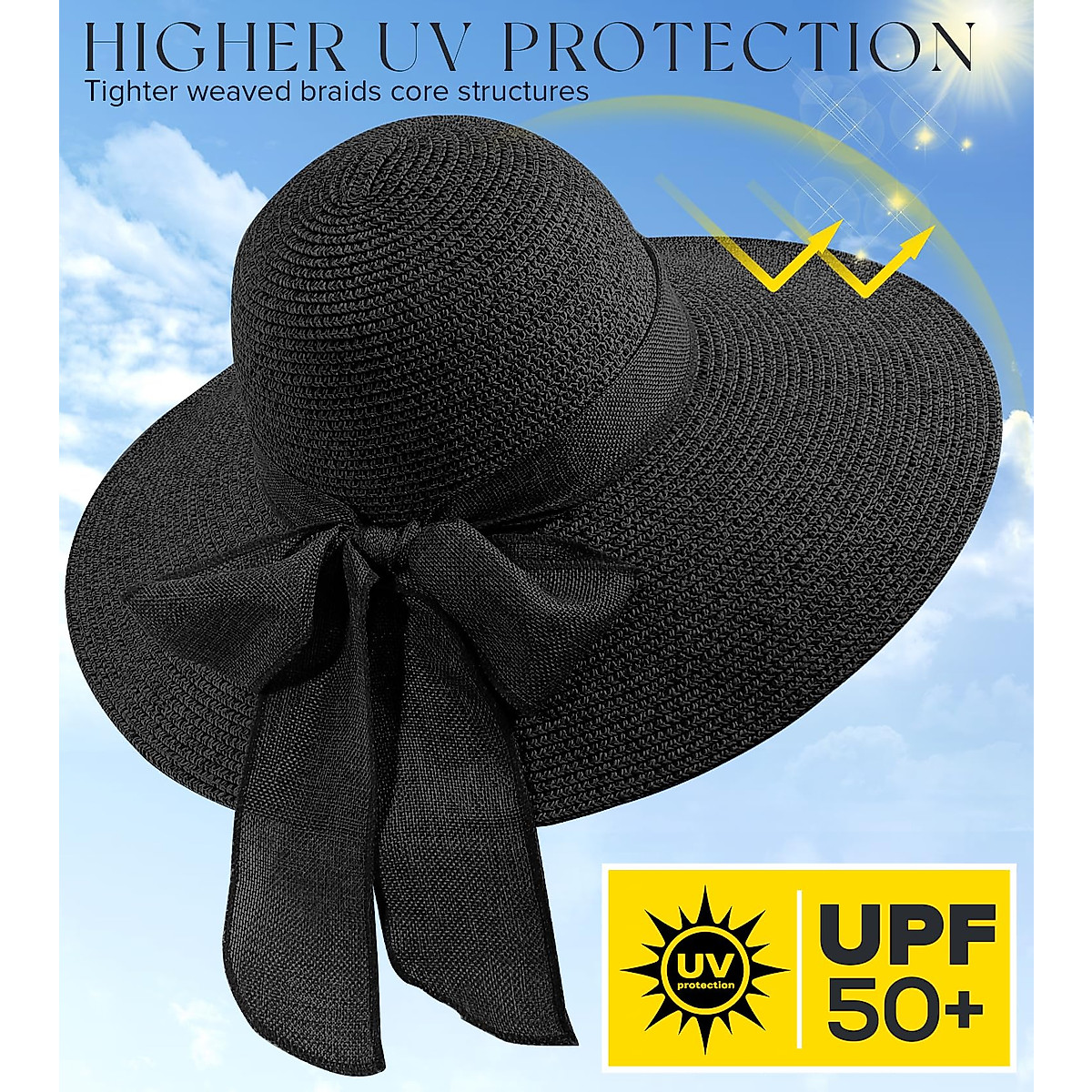 Beach Hats for Women, Straw Sun Hat with Wide Brim, Summer Floppy Beach Hats for Women, Packable Floppy Straw Garden Hat Black