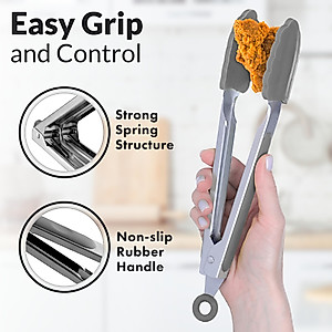 Zulay Kitchen Heat Resistant BBQ Kitchen Tongs Stainless Steel (9" & 12") - 2 Piece Non-Scratch Silicone Tip - Salad Tongs With Strong Grip for Grabbing Food - Easy Pull Lock - Silver/Gray