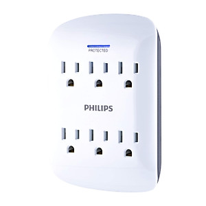 Philips 6-Outlet Surge Protector Tap, 900 Joules, Space Saving Design, Protection Indicator LED Light, Gray & White, SPP3461WA/37