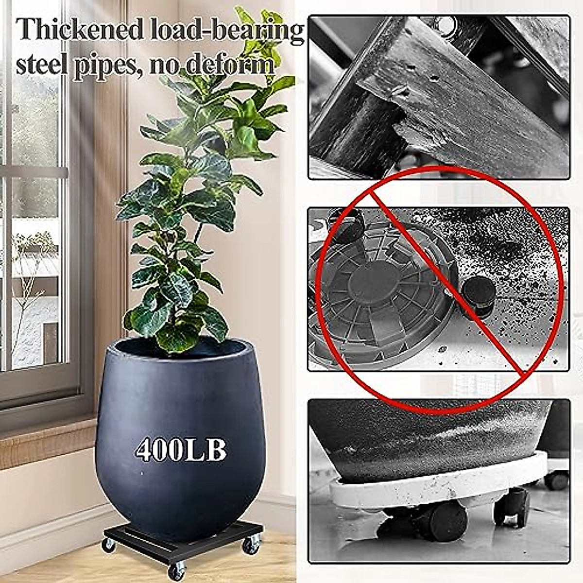 LUBORN Heavy Duty Plant Caddy with Wheels, 2 Pack Metal Rolling Plant Stand Indoor Outdoor, 12'' Square Plant Dolly with Lockable Caster Wheels Holds up 400 Lbs Planter, Black
