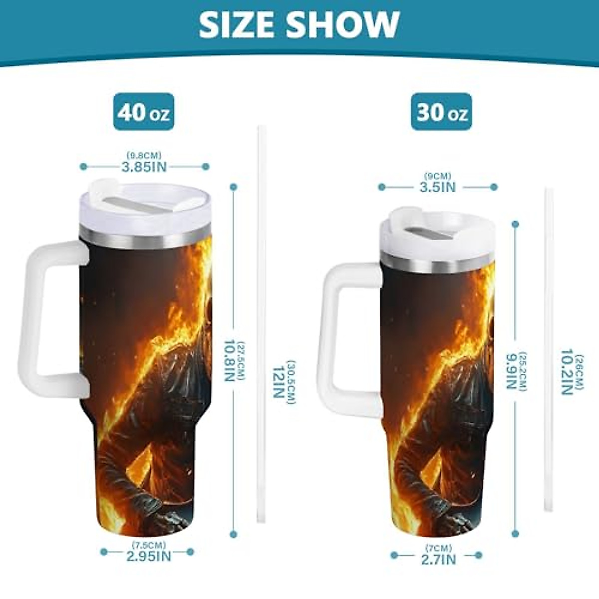 Jihqo Fire Skull Playing Guitar 40 oz Stainless Steel Vacuum Insulated Tumbler with Handle and Straw Lid, Leakproof Water Bottle Double Wall Travel Mug Coffee Cup, Cupholder Friendly