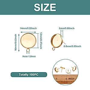 Pandahall 100Pcs Stainless Steel Stud Earring Cabochon Setting 12mm Golden Flat Round Post Cup Bezel Tray with Loop for Jewelry Making Findings