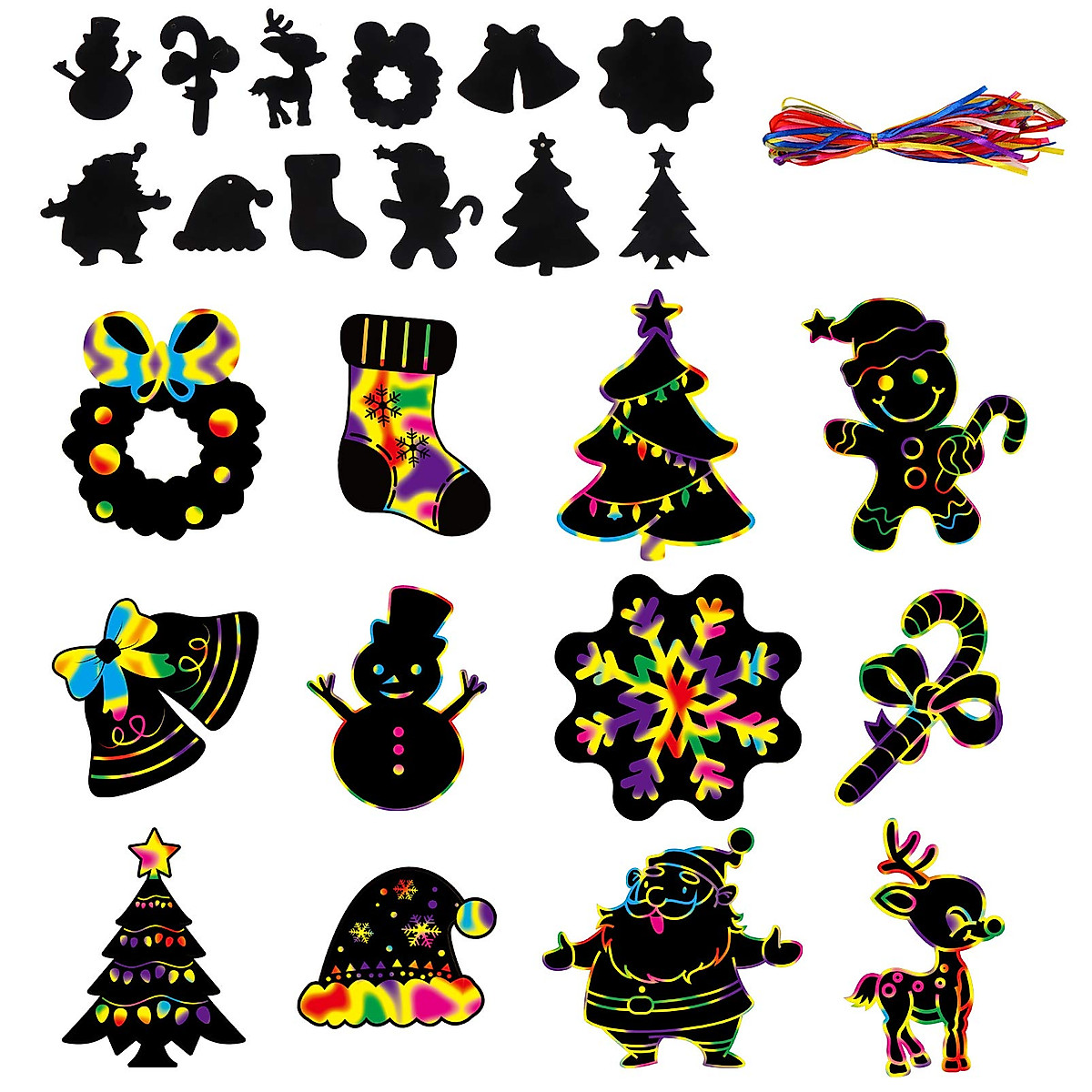 FINGOOO Scratch Art for Kids,48 Christmas Rainbow Scratch Paper Art Set with 12 Wooden Stylus Xmas Craft Decor