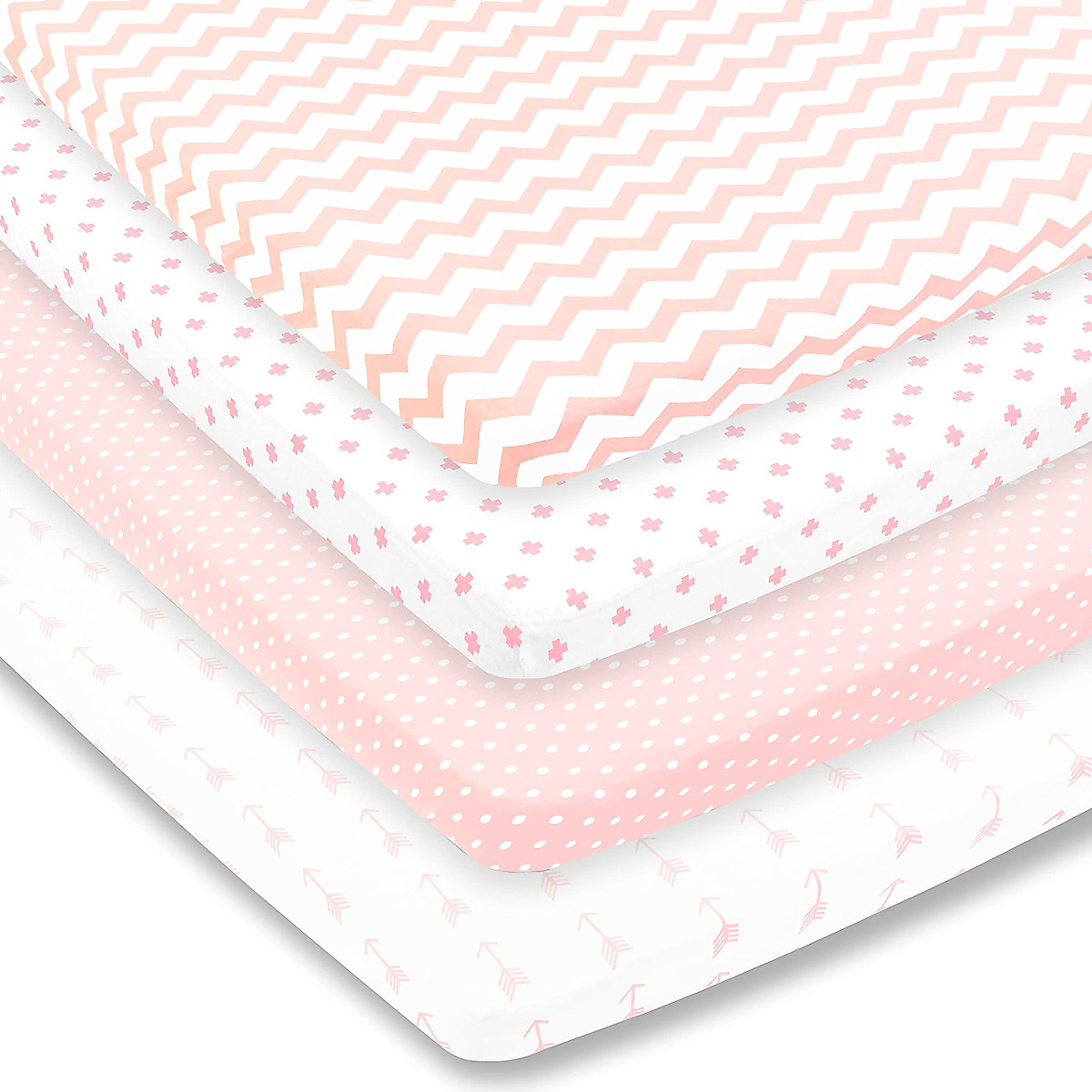 Baebae Pack n Play Playard Sheet Set for GIRLS | Portable Mini Crib Fitted Sheets | PINK & WHITE | 100% Jersey Knit Cotton | 150 GSM | 3 Pack