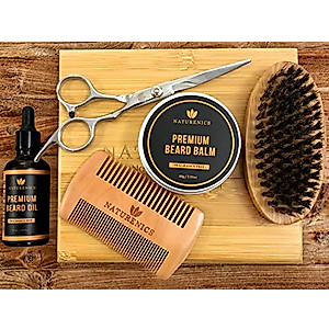 Naturenics Premium Beard Grooming Kit for Men - 100% Organic Unscented Beard Oil, Beard Balm Butter Wax, Beard Brush, Beard Comb, Beard Scissors for Beard & Mustache-with Bamboo Box & eBook