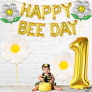 KatchOn, First Bee Day Decorations Girl - Pack of 18 | Happy Bee Day Balloons for Bee Birthday Party Decorations | Yellow Bee Themed Party Supplies | First Bee Balloons, 1st Bee Day Party Decorations