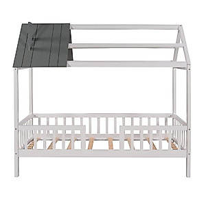 HomSof Twin House Beds Wood Bed Frame Kids Platform Bed with Pine Wood Roof, Fence-Shaped Guardrails, Cabin Bed for Children Kids, Teens, White|Grey, Twin