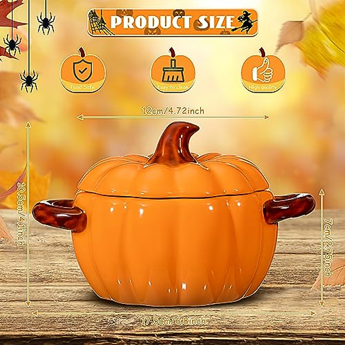 Uiifan 2 Pcs Pumpkin Bowls Ceramic Pumpkin Dish Casserole Cookware 17 oz Pumpkin Pots for Cooking Orange Cute Pumpkin Bowl Safe Oven Pot with Lid Double Ear for Halloween Thanksgiving Baking
