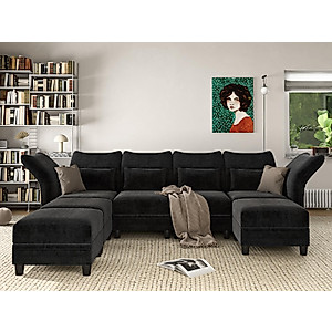 LLappuil Black Sectional Couch U Shaped 7 Seats, Chenille Sectionals Sofa Large Modular Sectional Sofa for Living Room with Reversible Chaise, Storage Seat, Deep Cushion