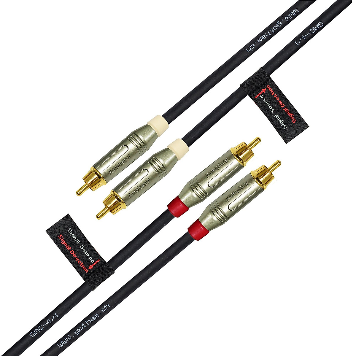18 Foot RCA Cable Pair - Gotham GAC-4/1 (Black) Star-Quad Audio Interconnect Cable with Amphenol ACPR Die-Cast, Gold Plated RCA Connectors - Directional