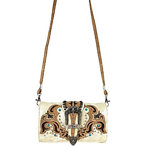 Zelris Western Texas Longhorn Buckle Women Crossbody Wrist Trifold Wallet (Black)