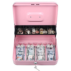 xydled Cash Box with Money Tray and Key Lock,Tiered, Cantilever Design,4 Bill / 5 Coin Slots,11.8" x 9.5" x 3.5",Pink