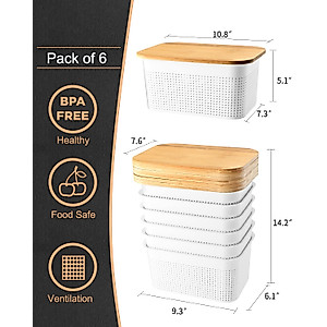 AREYZIN Plastic Storage Bins with Bamboo lids and Stackable Storage Baskets for Shelves - Organize Your Home or Office with These Space-Saving Storage Solution,6 Pack,White