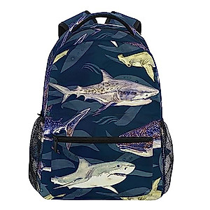 Oarencol Sharks Dark Blue Whale Hammerhead Watercolor Wave Animal Cartoon Fish Backpacks Bookbags Daypack Travel School College Bag for Womens Girls Mens Boys Teens