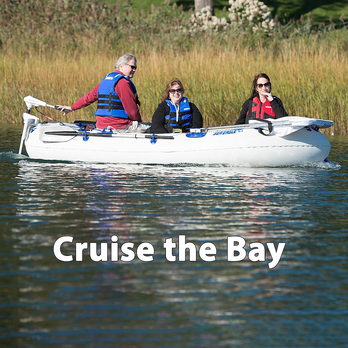 Sea Eagle SE9 Lightweight Inflatable Motormount Boat with Inflatable Floor, 5' Oar Set, Boat Bag, Electric Pump, 2 Seats Great for Boating, Motoring, Rowing, Fishing & Yacht Tending (Startup)