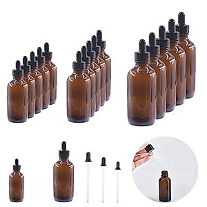 Keadic 24 Pack 1 Oz 2 Oz 4 Oz Glass Dropper Bottles Assortment Set with Tapered Eye Dropper & Black Cap Amber Round Boston Tincture Bottles for Massage Essential Oils Perfumes Liquids