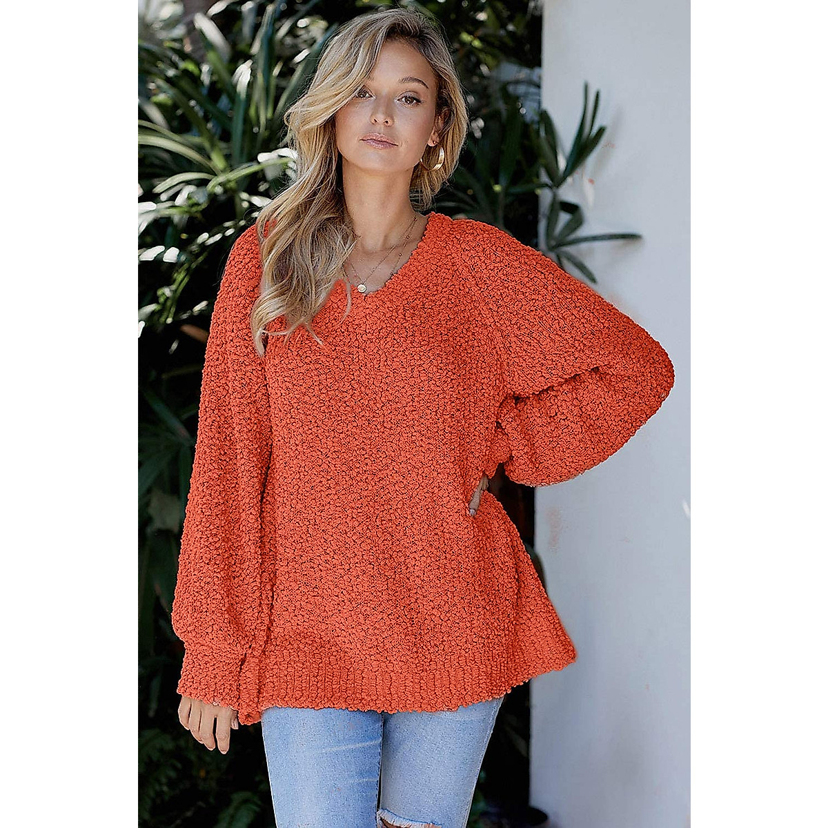 KIRUNDO Women's 2024 Fall Winter Oversized Fuzzy Popcorn Sweaters Trendy V Neck Long Sleeve Cozy Pullover Tunic Tops(Medium, Orange)